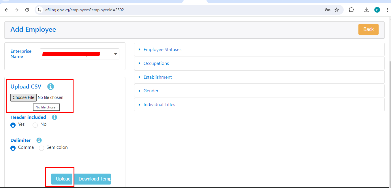 Inland Revenue Tax System (BVI) - Add Employees